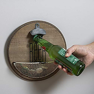 Foreside Home and Garden Rustic Wood Wall Mount Beer Bottle Opener with Metal Basket, Brown