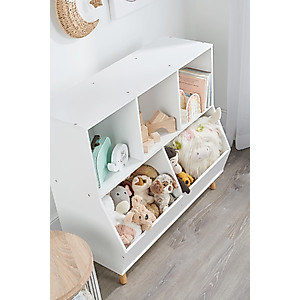 Badger Basket Kid's Bookshelf and Toy Organizer, 5-Bin Wooden Toy Storage with Feet - Fresh White