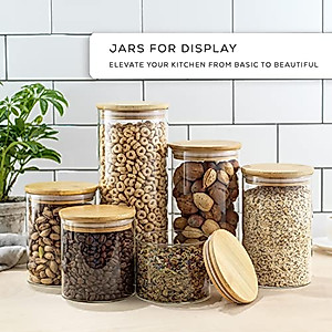 JoyJolt Borosilicate Glass Jars With Bamboo Lids. 6 Pc Set of Air Tight Sealable Containers. Food Jar Canisters with Airtight Lid for Pantry Storage and Kitchen Organization.