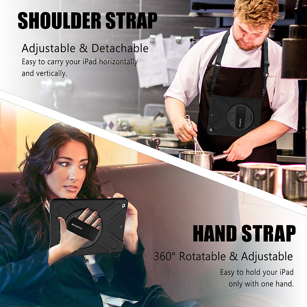 BRAECN for iPad 9th/8th/7th Generation Case, iPad 10.2 2021/2020/2019 Case with Built in Screen Protector, Hand Strap, Swiveling Stand, Carrying Strap, Heavy Duty Rugged Case for iPad 10.2 Inch