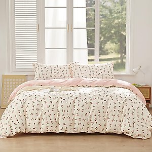 SAPHREAS Home Cute Pink Cherry Duvet Cover Cotton Girls Bedding Set Kawaii Rabbit Pattern Bedding Comforter Cover Kids Teens Cute Bed Set 3pcs 1 White Duvet Cover 2 Pillowshams Queen Size