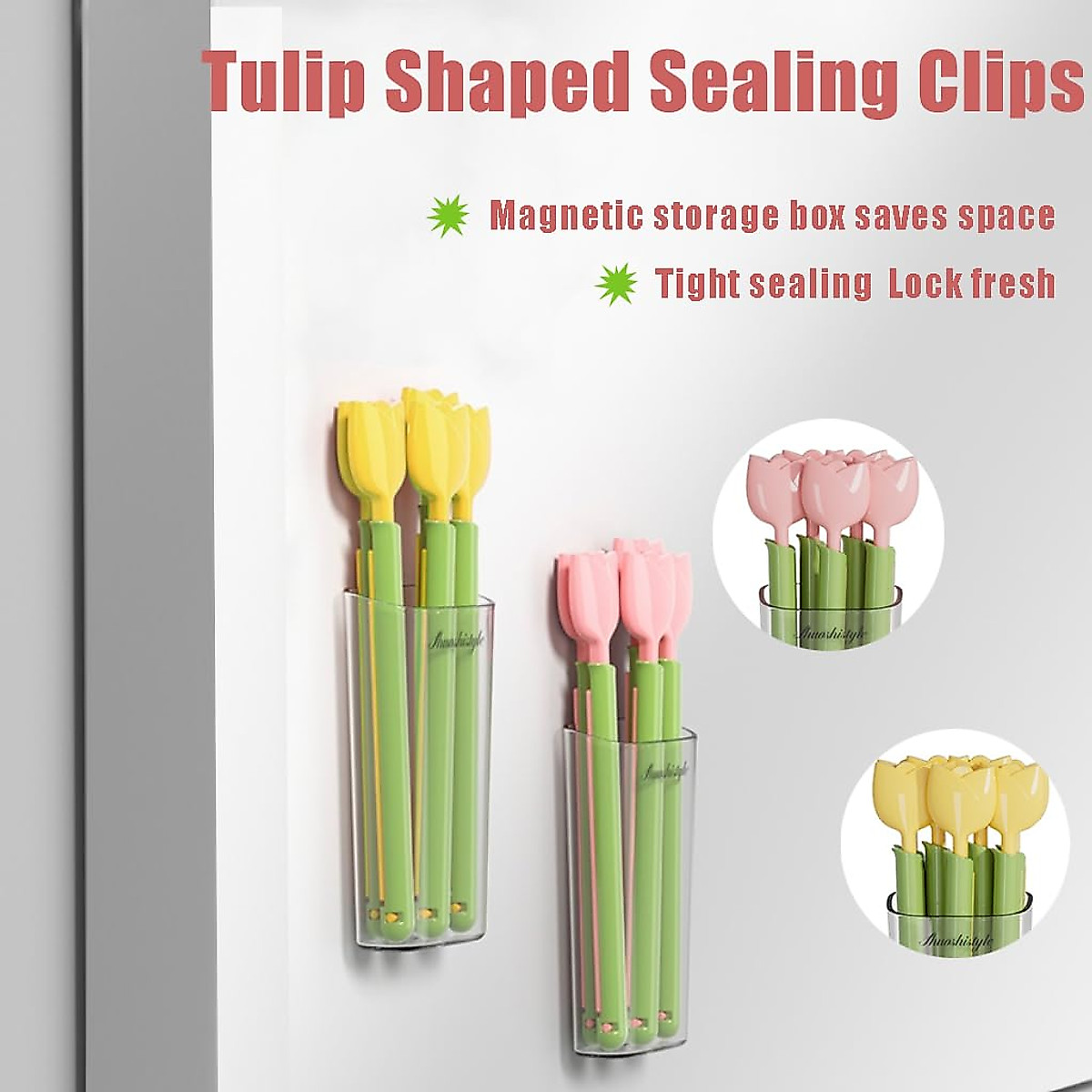 Ouliget Magnetic Refrigerator Sealing Clip,Cute Tulip Shaped Food Packages Clips，Chip Clips with Magnet Storage Box Fridge Magnets, Food Freshness Bag Clip Kitchen Accessories,2 Pieces of 10