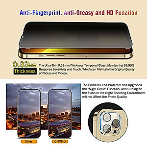 QHOHQ 2 Pack Privacy Screen Protector for iPhone 13 Pro 6.1" with 2 Packs Camera Lens Protector, Full Screen Tempered Glass Film,9H Hardness Anti-Scratch, Anti Spy, Easy to install - Case Friendly