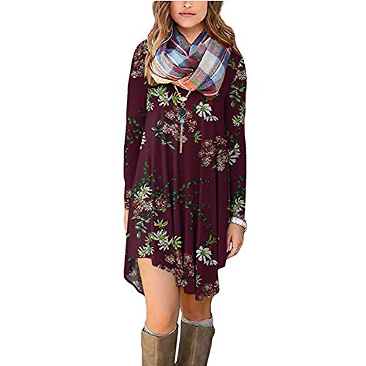 Womens V Neck Long Sleeve Casual Floral Printed Tunic Dresses Loose T-Shirt Dresses