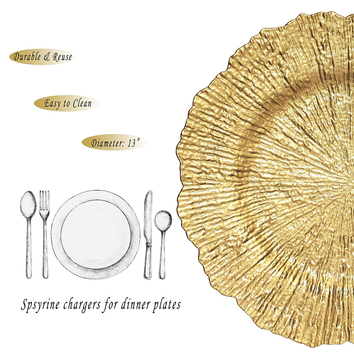 Spsyrine Gold Reef Charger Plates, 13" Table Chargers for Dinner Plate, Set of 6 Elegant Plastic Chargers Bulk Wedding, Tabletop Decor for Party, Events, Holidays.