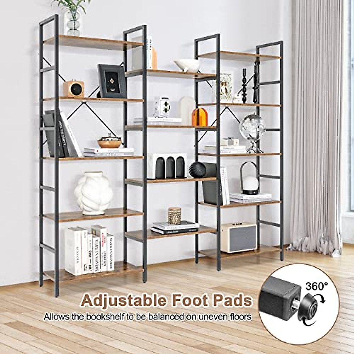 Giantex Triple 5-Tier Industrial Bookshelf- Freestanding Metal Frame Ladder Bookcase with 14 Open Shelves, Wooden Large Display Open Shelving for Living Room Home Office Study, Rustic Brown