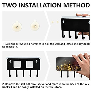 Musical Notes Key Holder for Wall Decorative Key Hanger Racks with 5 Hooks Easy Install Mail Holder for Wall Mount for Home Decor Hallway Kitchen Office Farmhouse