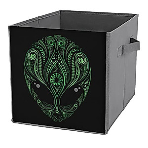 Green Aliens Head Foldable Storage Bins Printd Fabric Cube Baskets Boxes with Handles for Clothes Toys, 11x11x11