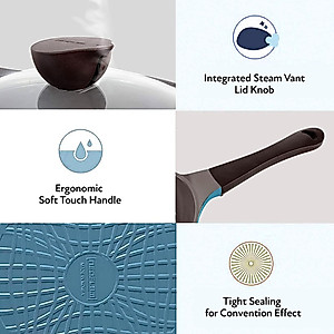 Neoflam Eela 12'' Non Stick Chef's Wok with Glass Lid, Stir Fry Pan and POFA-Free Ceramic Coating for Cooking Saute Vegetables, Meat, Fish, 12 inch, Deep Blue (Handle assemble required)