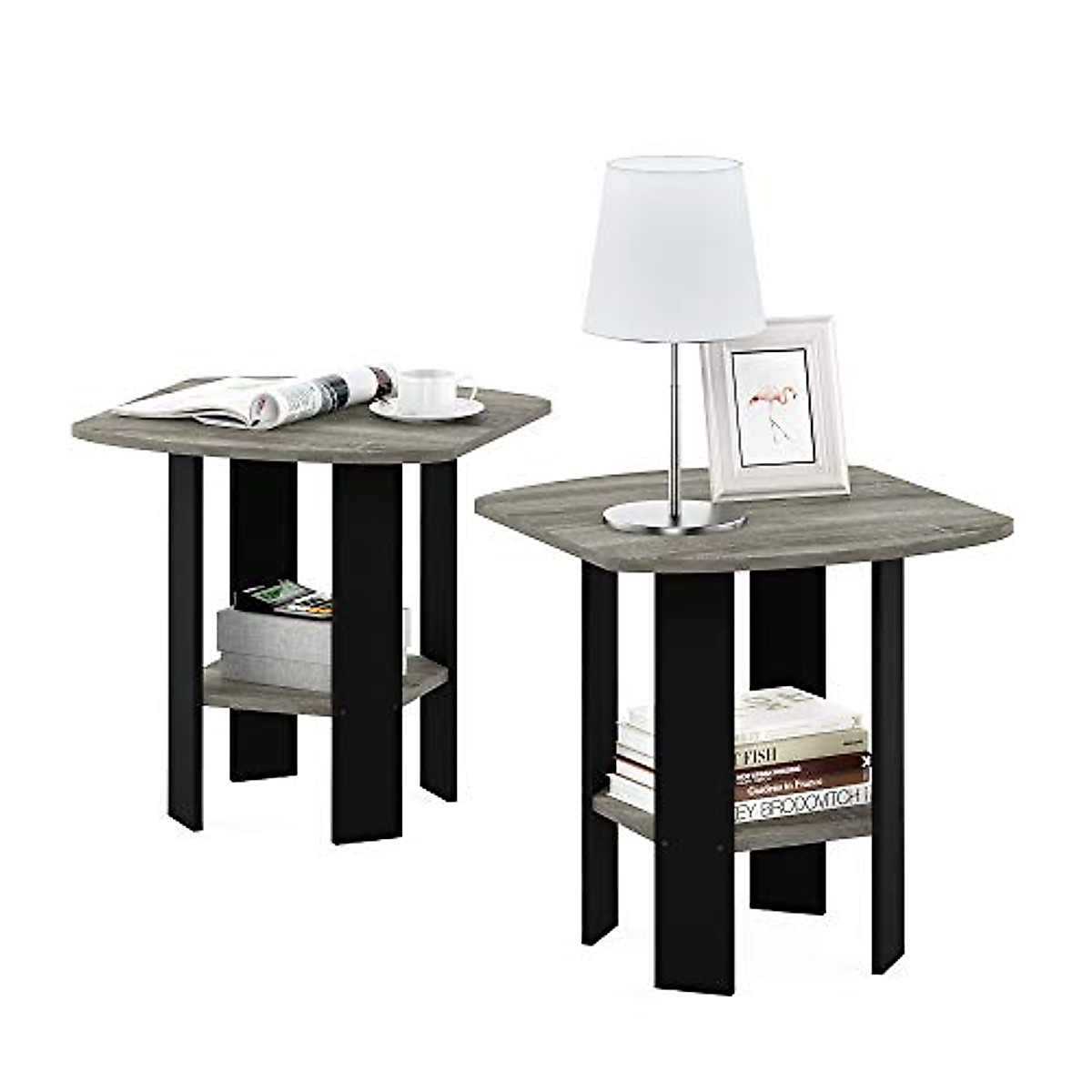 FURINNO Simple Design End Table, 2-Pack, French Oak Grey/Black