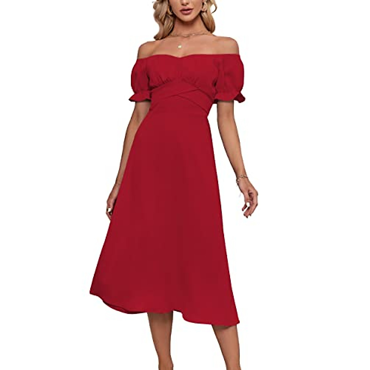 LYANER Women's Off Shoulder Wrap Ruffle Puff Short Sleeve Ruched Tie Back Dress Red Small