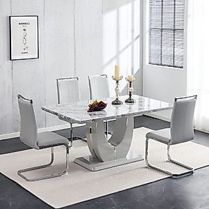 HomVent 7PCS Dining Table Set for 6,63" Dining Table with Imitation Marble Grain Table Top & High Glossy Wooden Bracket,PU Leather Chairs and Kitchen Table