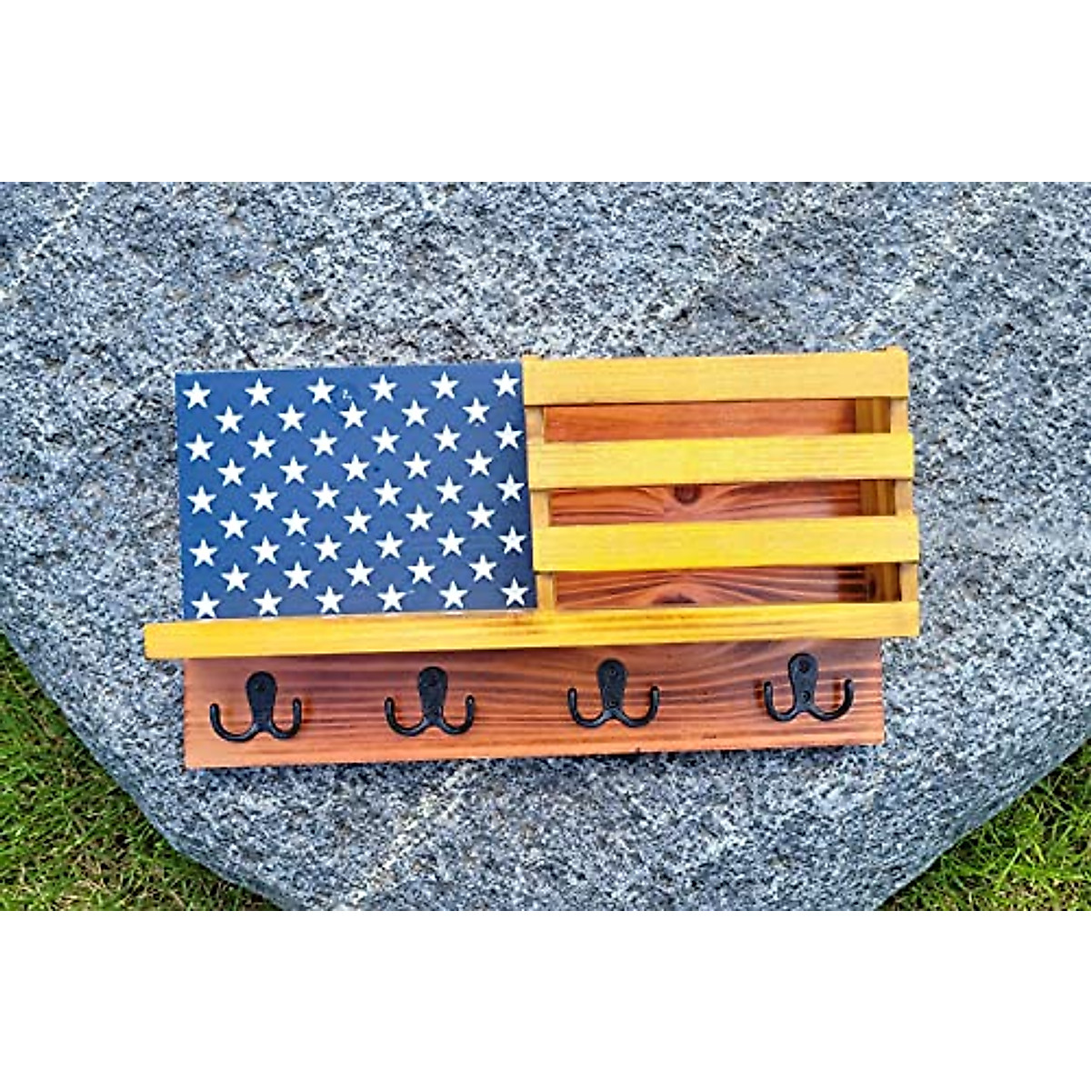 American Flag Key Holder & Organizer with Shelf for Wall. Crafted of Natural Fir Wood, Hand Painted in Patriotic Red, White, Blue. Unique Design, Decor Accent for Entry, Office, Living Room, Bedroom