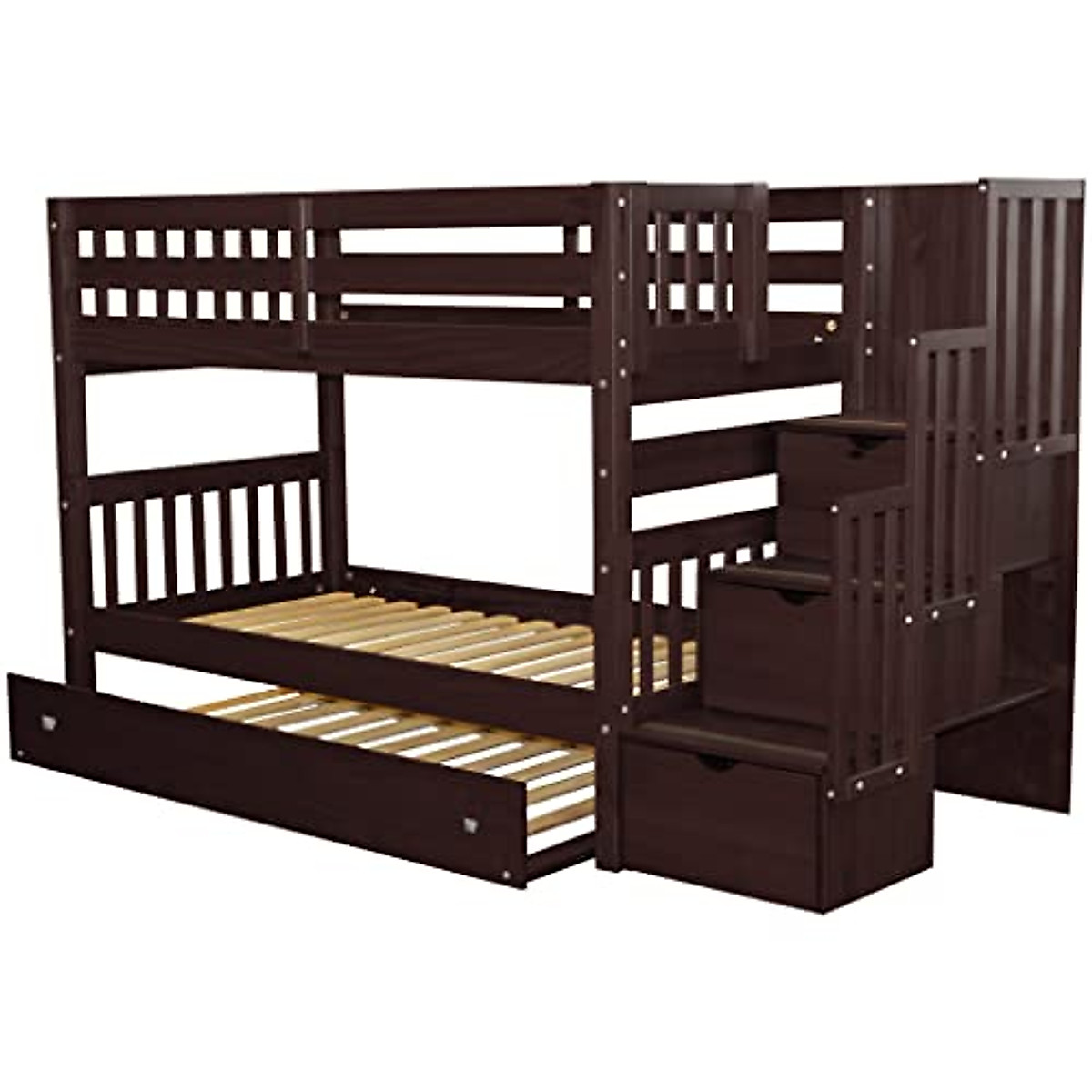 Bedz King Stairway Bunk Beds Twin over Twin with 3 Drawers in the Steps and a Twin Trundle, Dark Cherry