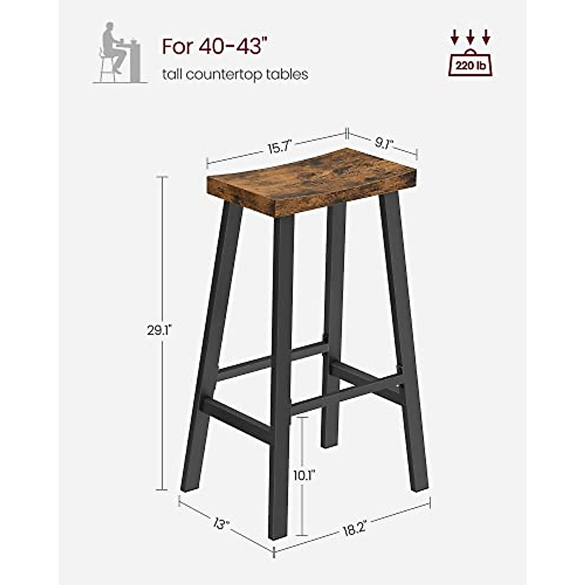 VASAGLE Bar Stools Set of 2, Counter Height Stools, Bar Chairs with Footrest, 29.1 Inches Tall Kitchen Breakfast Stools, Industrial, Living Room Party Room, Rustic Brown ULBC094B01