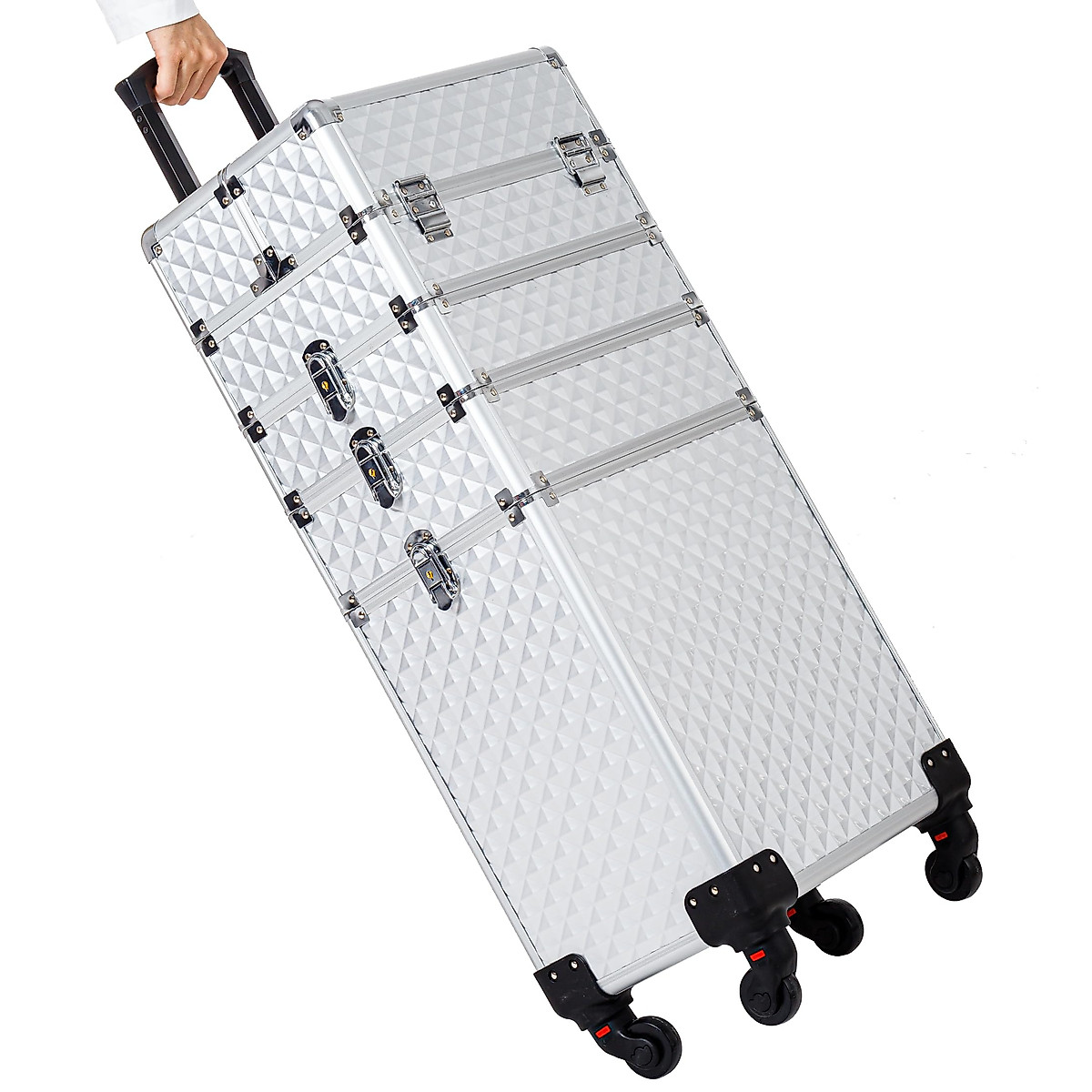 AROUS Rolling Makeup Train Case Large Storage Cosmetic Trolley 4 in 1 Large Capacity Trolley Makeup Travel Case with Key Swivel Wheels Salon Barber Case Traveling Cart Trunk, Silver