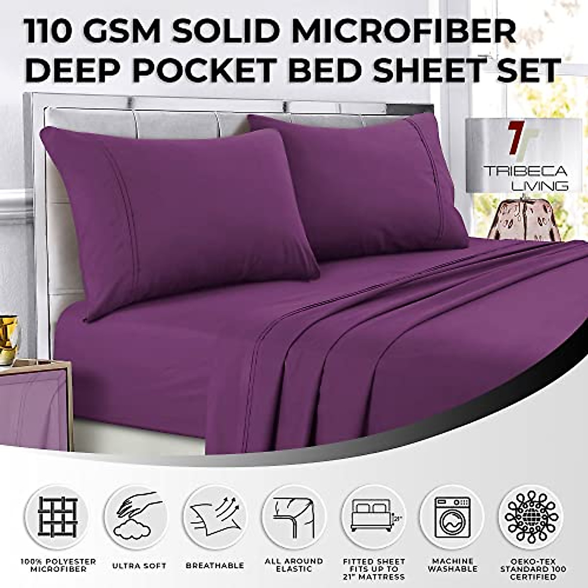 Tribeca Living MF110DPSSQUPU Solid Deep Pocket Sheet Set, Queen, Purple