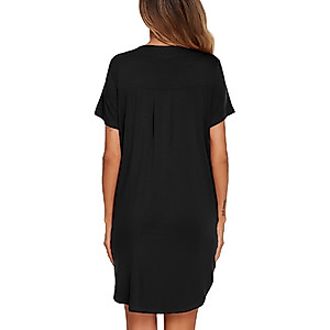 Ekouaer Women's Nightshirt Short Sleeve Button Down Nightgown V-Neck Sleepwear Pajama Dress Black