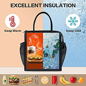 Fmeida Lunch Tote Bag, Insulated Lunch Bag Women, Leakproof Womens Lunch Bag, Thermal Adult Lunchbag with Large Side Pockets, Reusable Black Lunch Bag for Office Work Travel Picnic