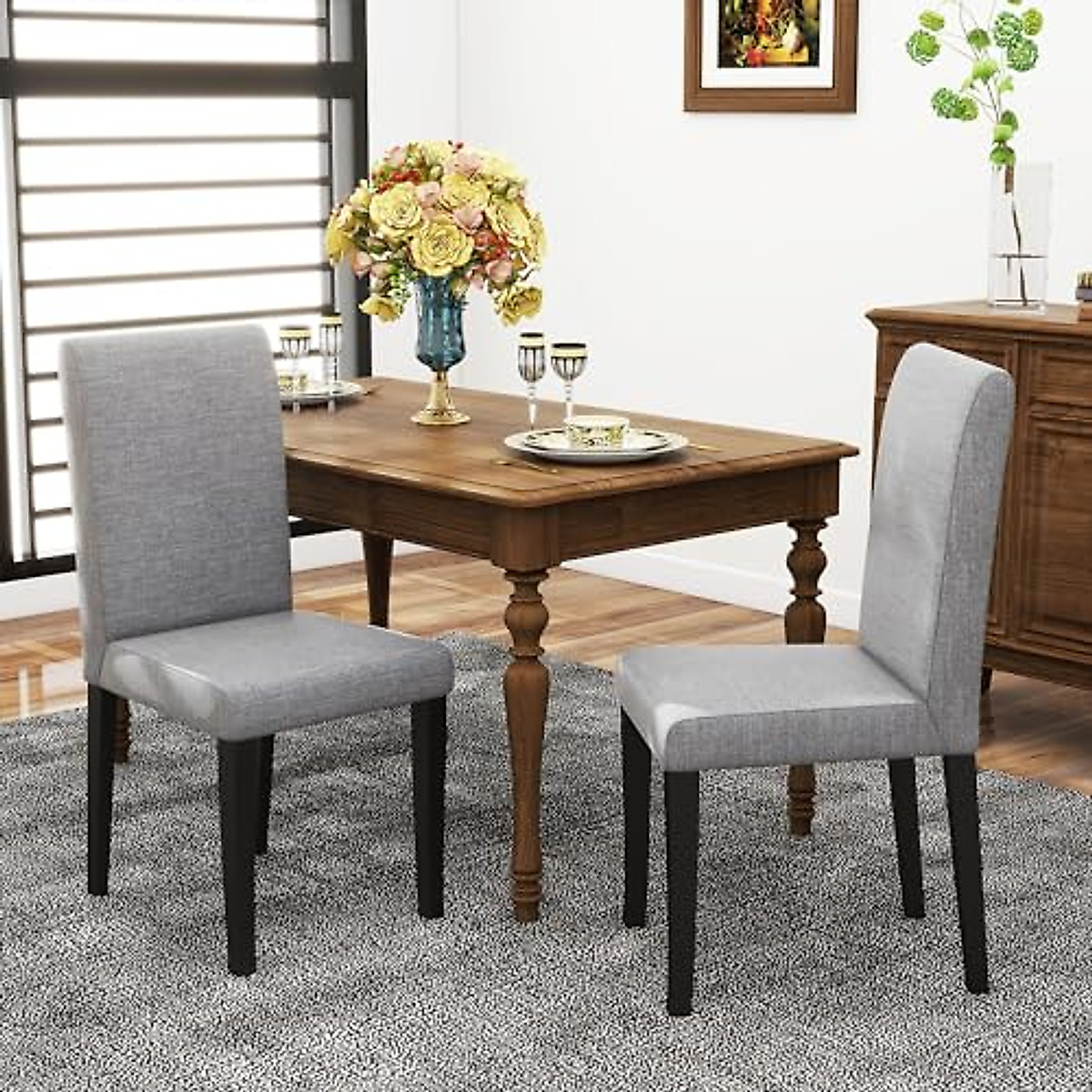 Fangflower Fabric Chair Set of 2 with Solid Wood Legs for Home Pertica, Dining Room, Kitchen, Light Grey, 2-Pcs Set
