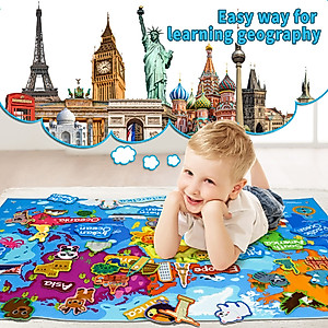 Taika World Felt Set, Felt World Map with World Famous Sights, Educational Play Mat Flannel Board Set, 43x28 inch Preschool Learning Flannel Board