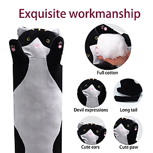 shangman Lovely Plush Cat Doll Cute Cartoon Soft Stuffed Kitten Pillow Long Throw Sleeping Pillow Doll Toy Valentines Day Gift for Kids Girlfriend (Black, 50cm/19.6in)