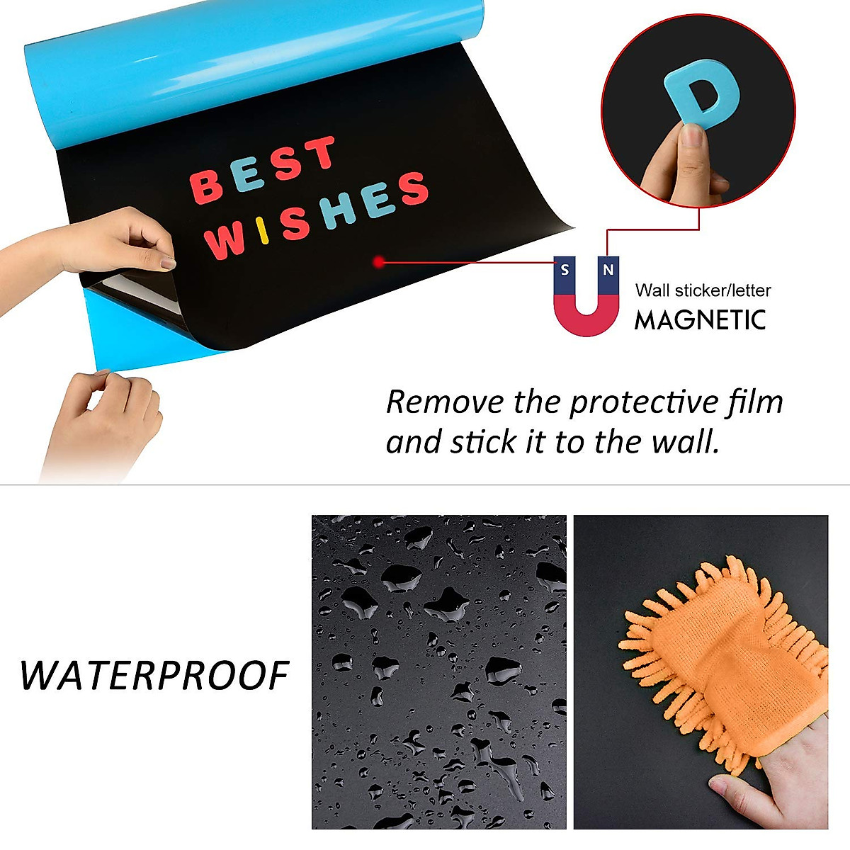 Board2by Magnetic Chalkboard Contact Paper for Wall, 38.9 x 18 Self Adhesive Chalk Board Wallpaper, Blackboard Paper with 46 Magnetic Letters for Kids, Black