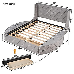 Yehha Queen Size Bed Frame w/ 1 Big Drawer & 2 Side Storage Stoo, Heavy Duty Upholstered Platform Bed w/Velvet Headboard, Capacity 500LBS, No Box Spring Needed, Gray