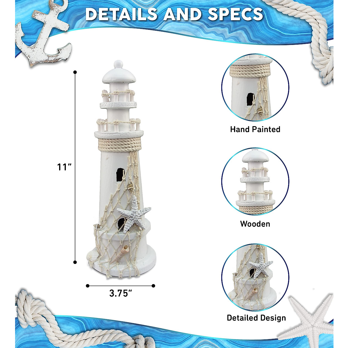 Puzzled COTA Global White Lighthouse Decor - Handmade and Crafted Wooden Lighthouse Decoration with Starfish and Fish Net, Decorative Beach Style Tabletop Centerpiece - 11 Inches
