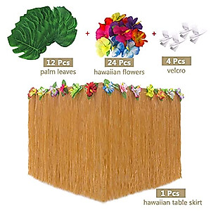 Sharlity Luau Gold Table Skirts for Hawaiian Party Decorations, Luau Party Supplies with 9ft Tropical Raffia Grass Table Skirt, Tiki Palm Leaves and Hibiscus Flowers (1 Pack)