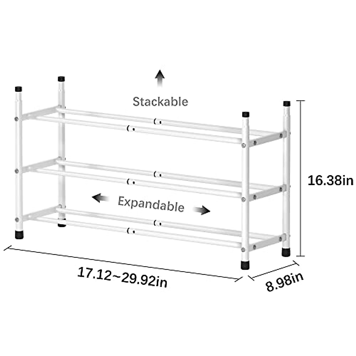 TZAMLI 3-Tier Stackable Closet Shoe Rack Organizer, Expandable and Adjustable Metal Shoes Shelf Storage Small Shoe Rack for Entryway Dorm, White