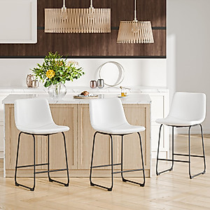 REONEY Bar Stools Set of 2, PU Leather Counter Height Bar Stools, 26" Modern Bar Stools with Metal Legs and Footrest, Urban Armless Dining Chairs with Backrest for Kitchen Island (White)