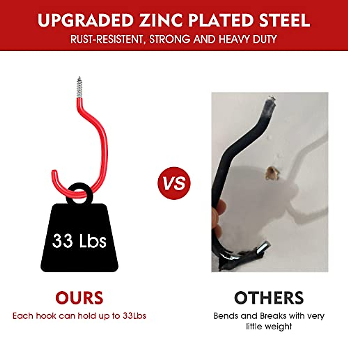 ROTHLEY Garage Hooks Heavy Duty : Bike Hooks for Garage Wall Ceiling Thickened Vinyl Coating Bike Hangers for Garage Large Screw in Storage Hooks Bicycle Hooks for Hanging in Garage (8 Pack,Red)