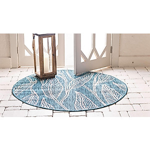 Unique Loom Outdoor Botanical Collection Area Rug - Leaf (4' 1" Round, Teal/ Ivory)
