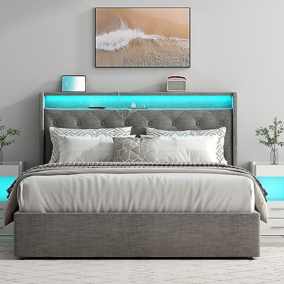 Loomie Queen Lift Up Bed Frame with Charging Station & LED Lights, Upholstered Bed with Button Tufted Wingback Storage Headboard, Hydraulic Storage, No Box Spring Needed, Wood Slats Support,Light Grey