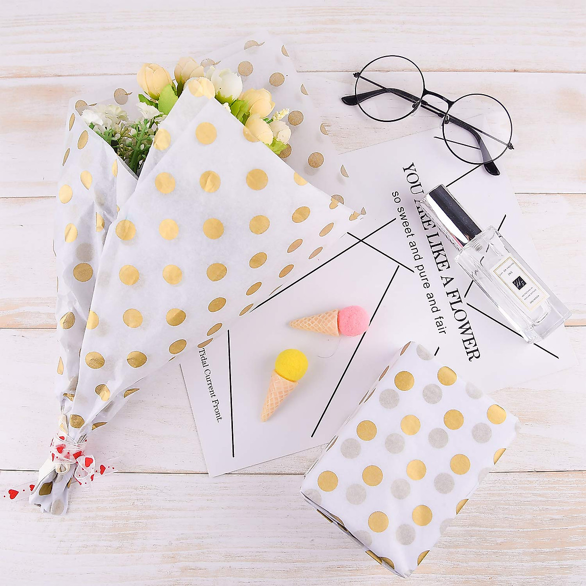 MIAHART 60 Pcs Gold White Tissue Paper Bulk 3 Style Decorative Metallic Wrapping Paper for Gift Bags Birthday Christmas Party Decoration, DIY Arts Crafts Gold Dot Wave Design Patterned(60 Sheet)