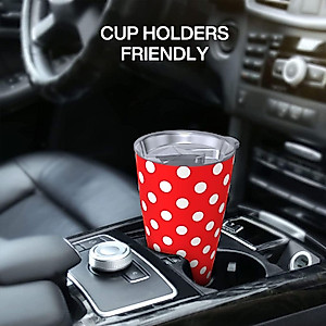 Groamaup 20oz Red White Polka Dot Stainless Steel Insulated Tumbler with Lid and 3pcs Straw Sets, Car Cup for Cold and Hot Drinks, Coffee Mug for Travel Office and Home Use