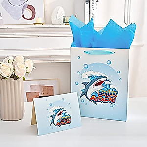 13" Large Shark Gift Bag for Boys Kids Birthday Baby Shower with Tissue Paper and Greeting Card