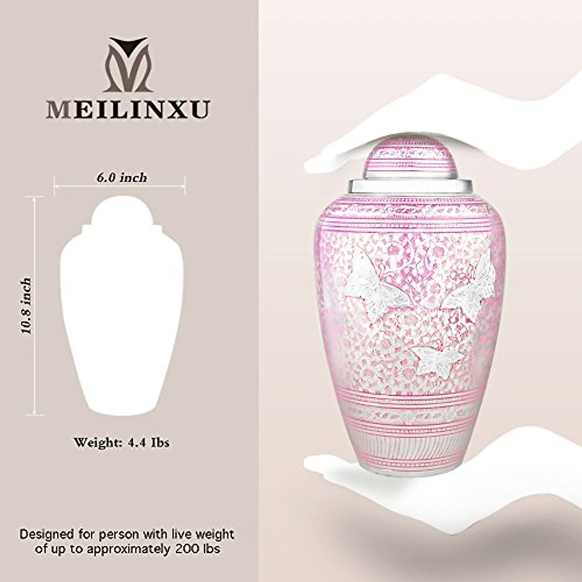 M MEILINXU Pink Butterfly Urns, Cremation Urns for Human Ashes - Display at Home or in Niche at Columbarium - Hand Engraved Urns for Ashes Adult for Female & Women & Mother(Butterflies - Brass Large