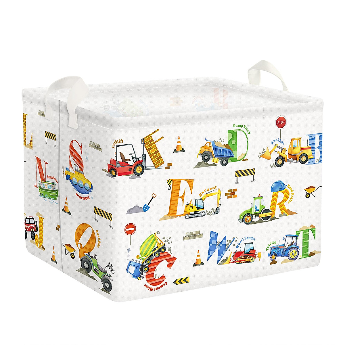 Clastyle Large Alphabet Construction Car Book Shelf Basket Collapsible Rectangle Excavator Ambulance Monster Truck Boy Bin Clothes Toy Car Storage Basket for Kids Room Nursery
