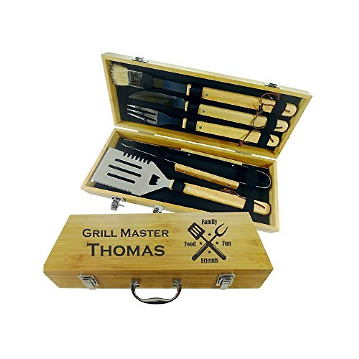 BBQ SET 5 tools | Custom engraved/personalized grilling set with 5 useful Barbeque grilling tools | Barbecue Utensils Gifts for Men & Women | In natural bamboo case | Grill Utensils Set for Dad