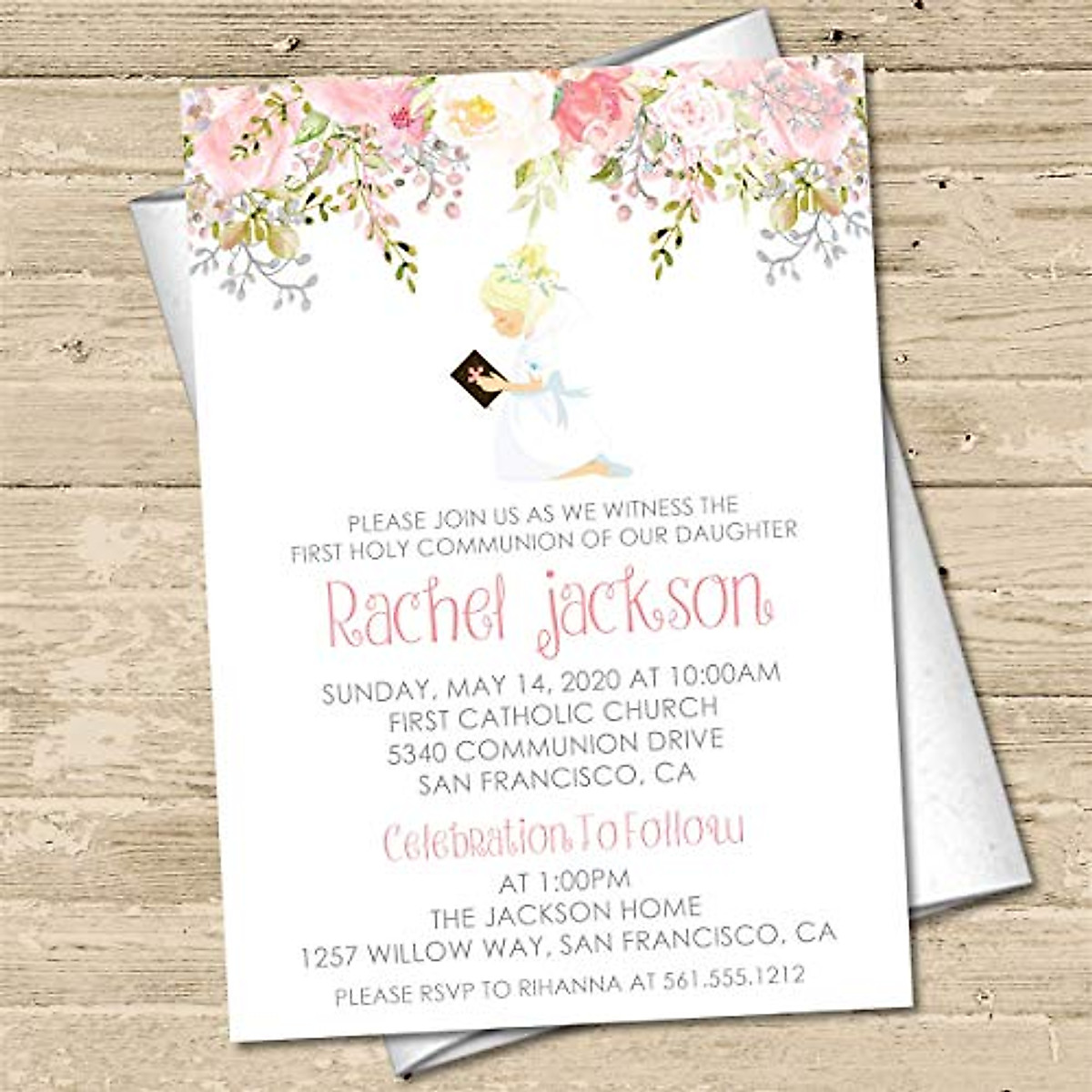 Pink Floral First Holy Communion Invitations For Girls
