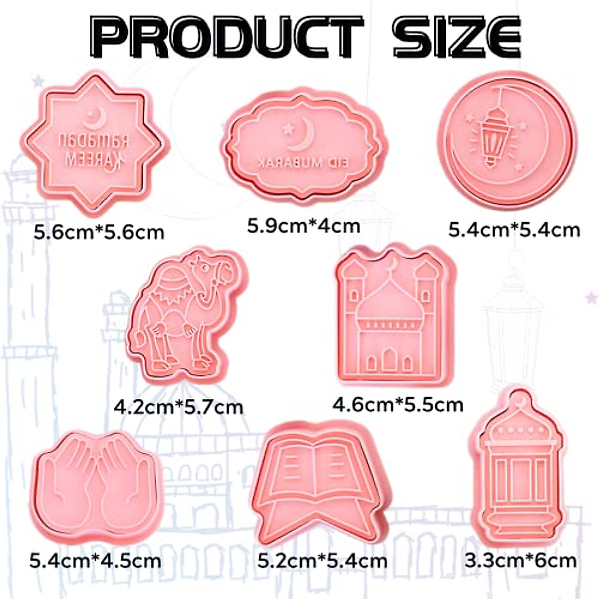Crethinkaty Eid Mubarak Cookie Cutters-8 Pieces Pressable Eid Mubarak Biscuit Cutters Set-3D Eid Element Cookie Stamps.