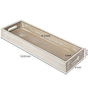 MyGift 16 x 6 Inch Rustic White Wood Decorative Serving Trays with Cutout Handles, Long Rectangular Ottoman Tray Centerpiece, Set of 2