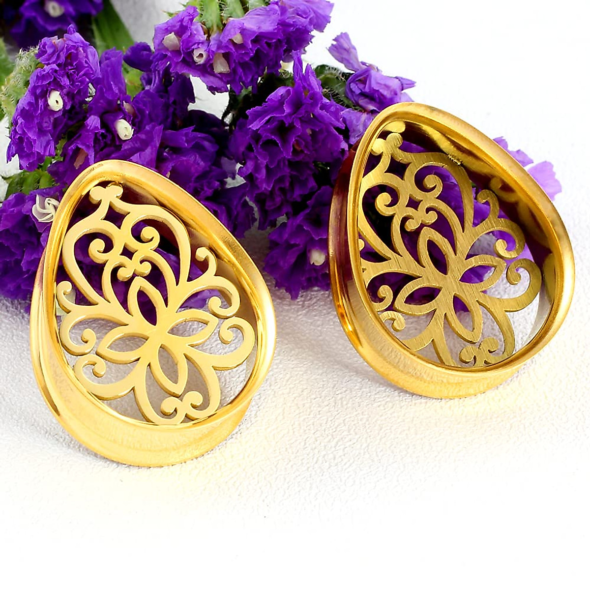 Casvort 2 PCS Stainless Steel Gold Double Flared 9/16'' Teardrop Ear Plugs Tunnels Gauges Stretcher Piercings Body Jewelry