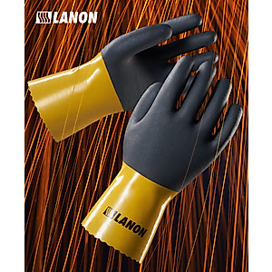 LANON PVC Chemical Gloves, Thick Rubber Work Gloves, Heavy-Duty, EN 374/388, Acid, Alkali and Oil, Non-Slip, XL