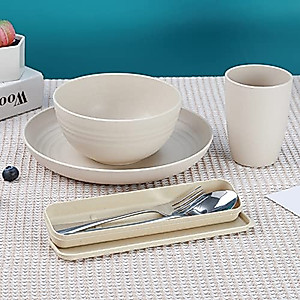 28PCS Kitchen Wheat Streaw Dinnerware Sets, Wheat Straw Plates and Bowls Sets, College Dorm Dinnerware Dishes Set for 4 with Cutlery Set (Beige)