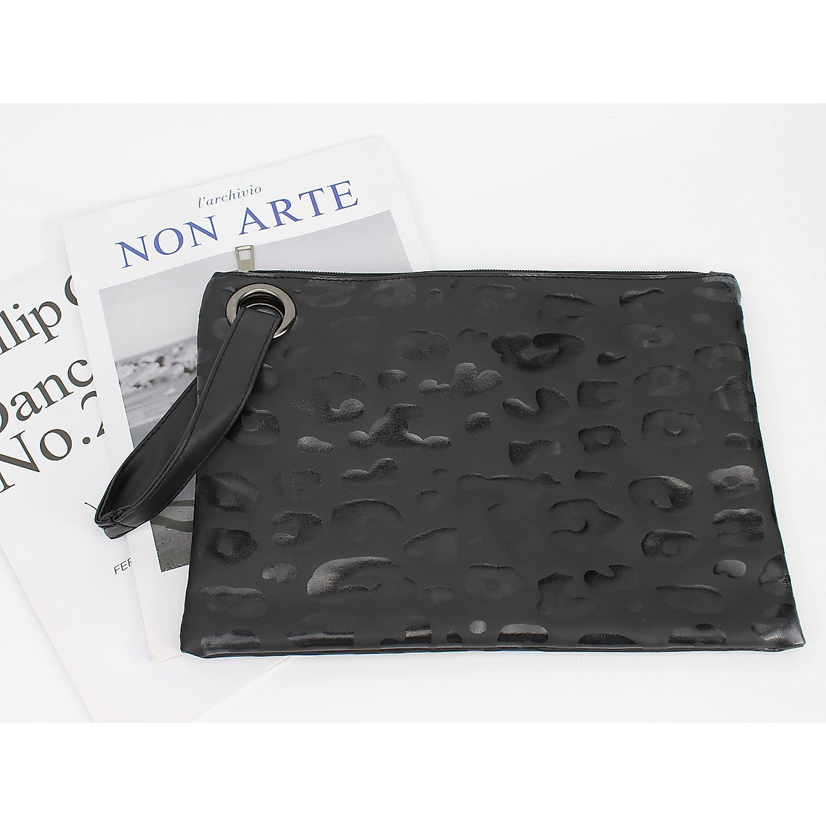 Van Caro PU Leather Wristlet Clutch Wallet Purses Oversized Leopard Print Evening Handbag for Women,Black