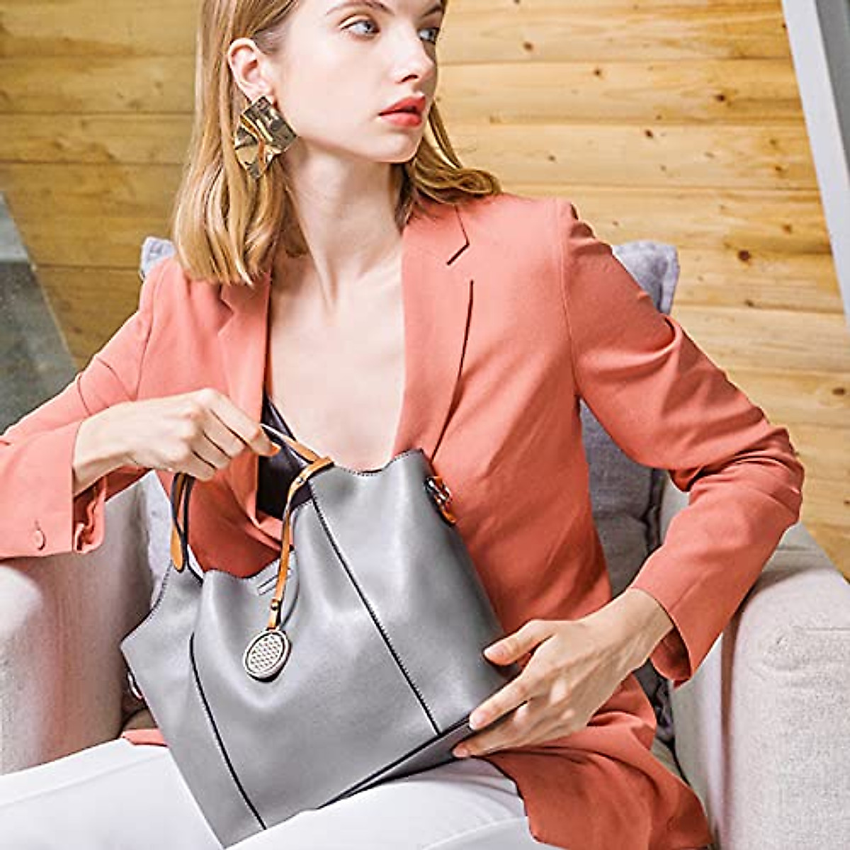HESHE Leather Womens Shoulder Handbags 2 in 1 Bag Top Handle Tote Purse Satchel Ladies Purses Crossbody Bag (Grey)