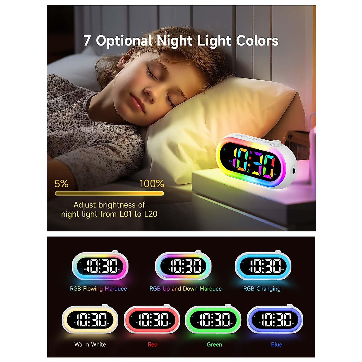 OCUBE Digital Alarm Clocks for Bedrooms with Wake Up Light,Colorful Bedside Clock Mains Powered with Night Light,Dual Alarms,100dB Super Loud,USB Charger,Snooze for Teens Kids Boys Girls Seniors